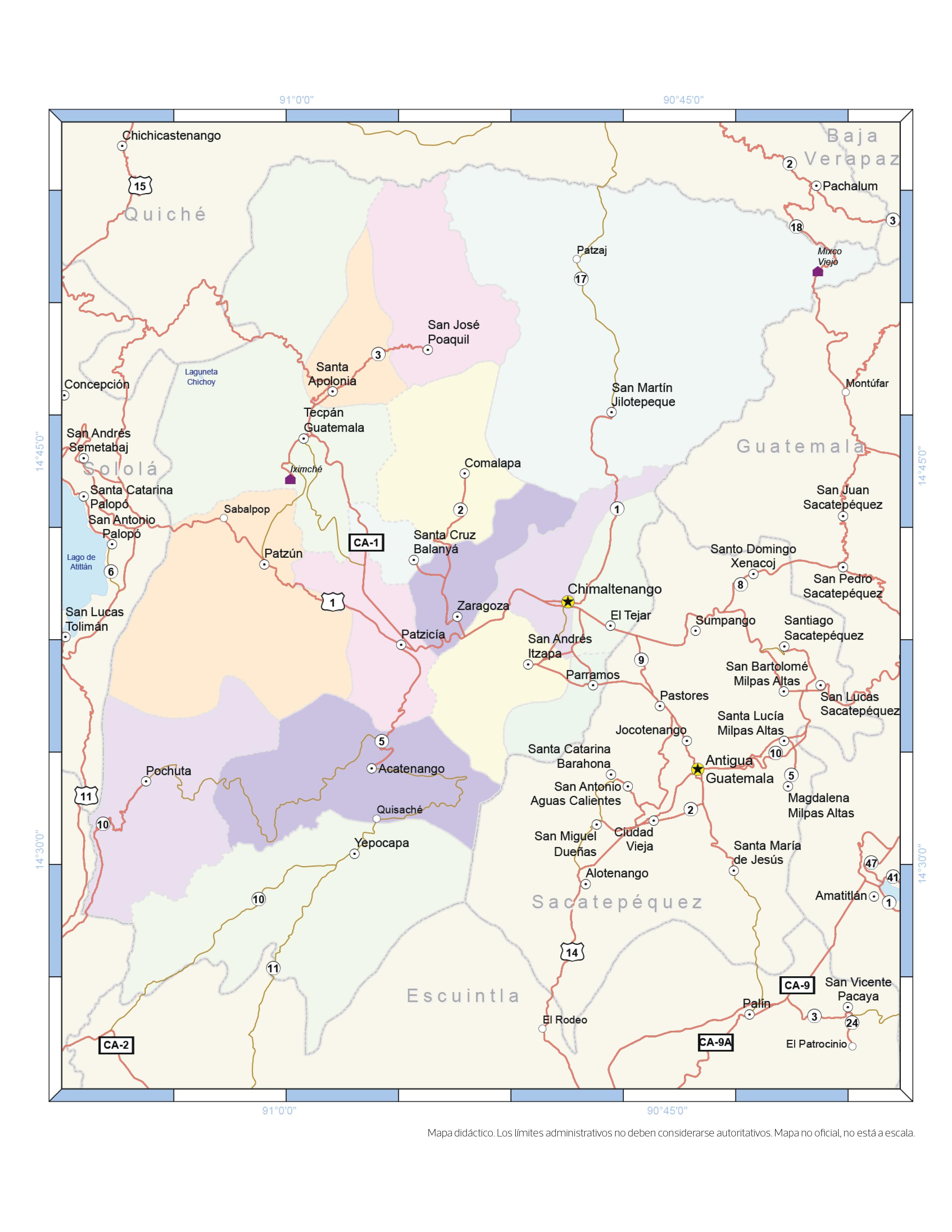 Mapa de Guatemala y sus departamentos por regiones