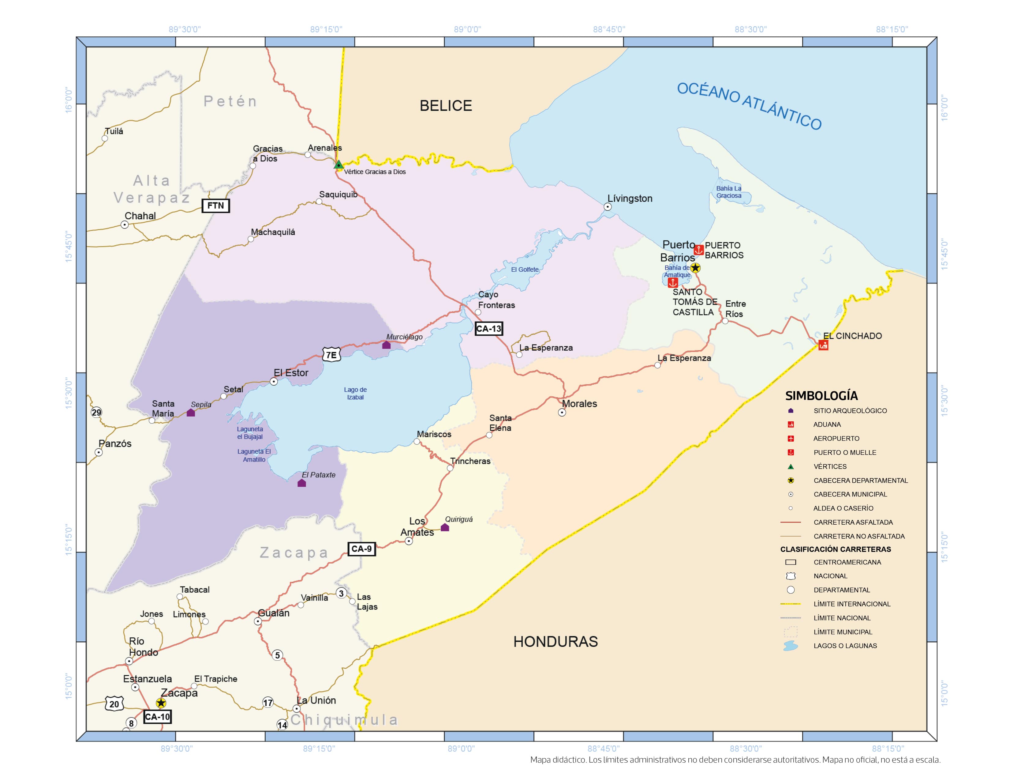 Mapa de Guatemala y sus departamentos por regiones