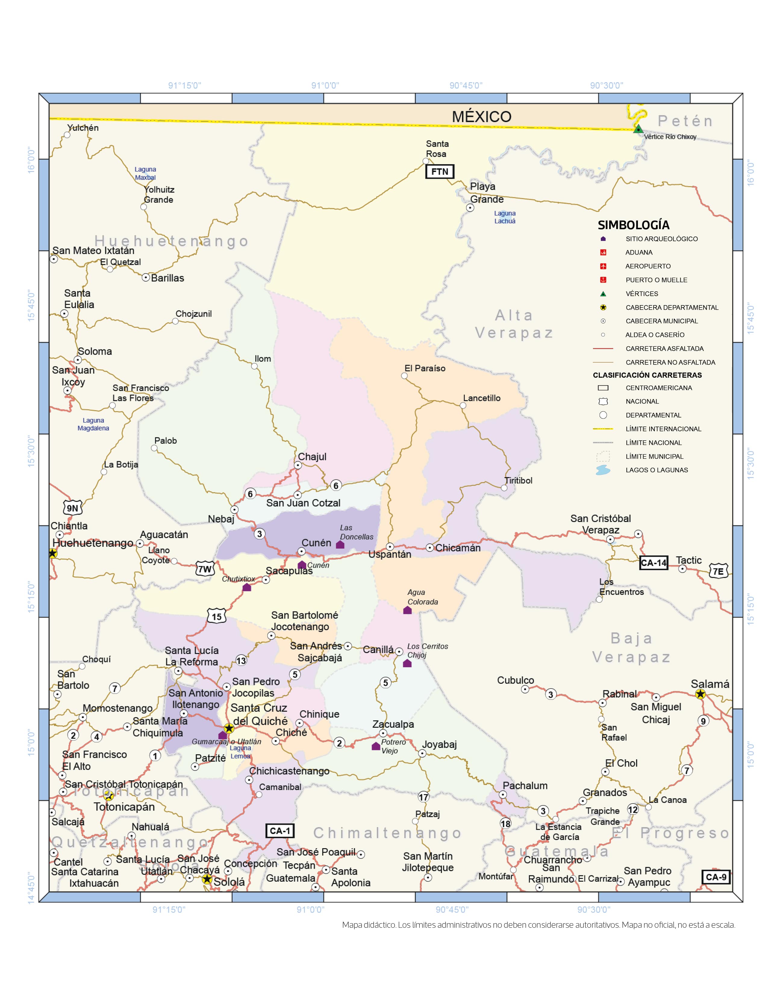 Mapa de Guatemala y sus departamentos por regiones