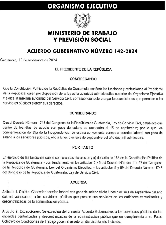 Publican Acuerdo Gubernativo que otorga asueto el 16 de septiembre