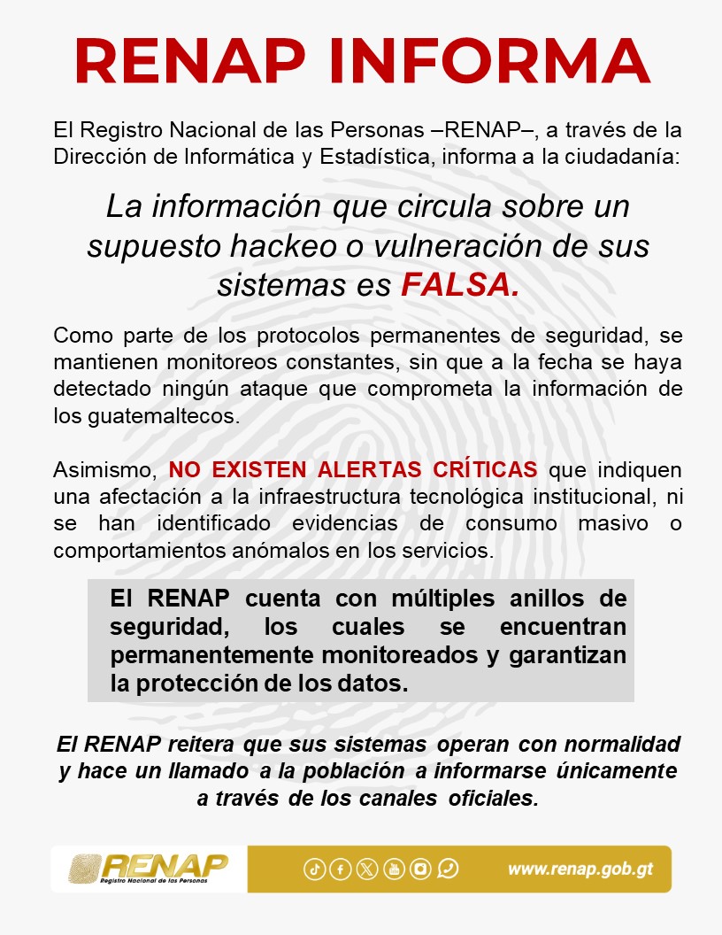 Renap desmiente supuesto ataque informático